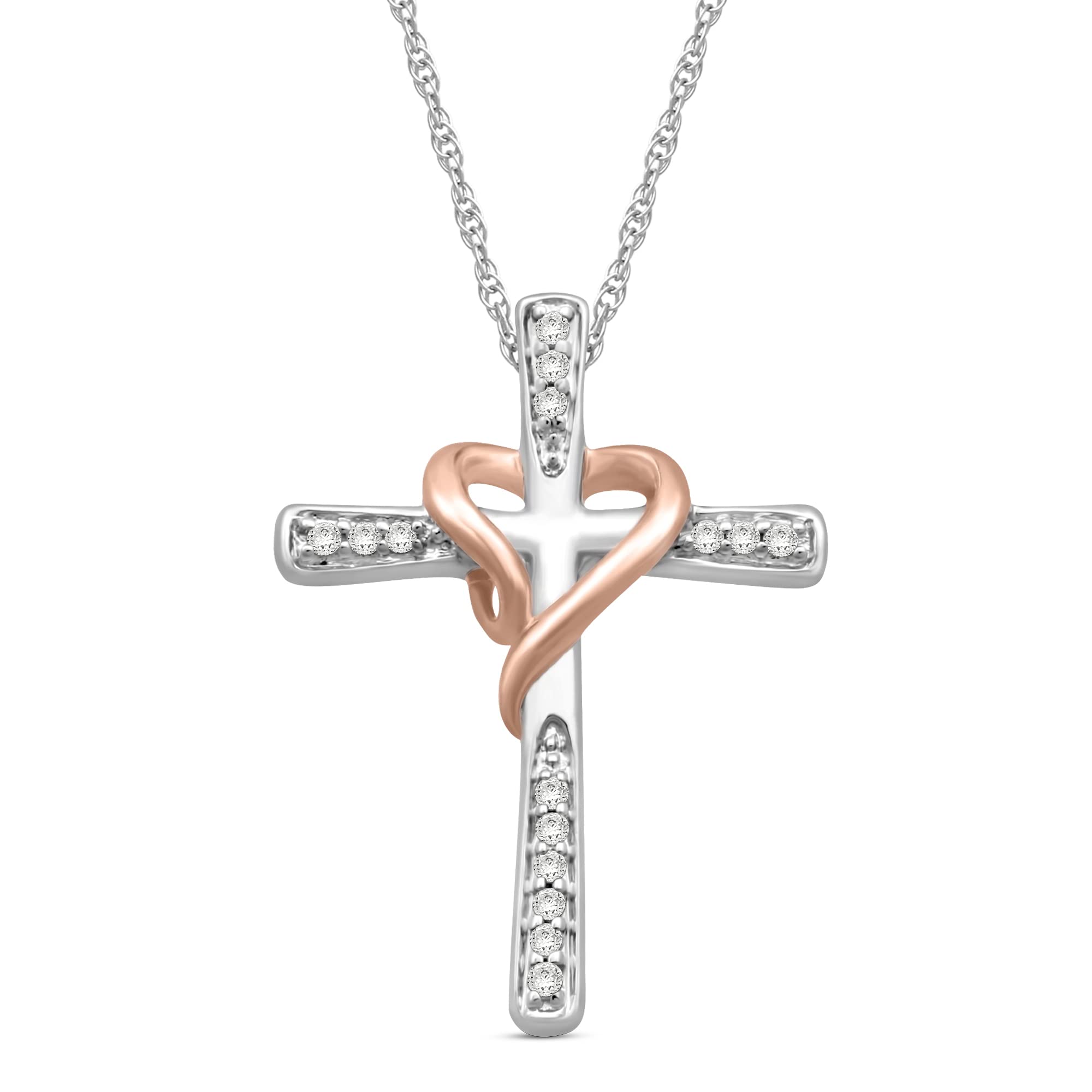 Jewelili Cross Heart Necklace Pendant in Rose Gold Over Sterling Silver with 1/10 CTTW Natural White Round Diamonds and 18 inch Rope Chain