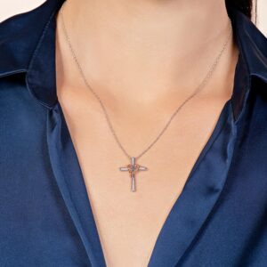 Jewelili Cross Heart Necklace Pendant in Rose Gold Over Sterling Silver with 1/10 CTTW Natural White Round Diamonds and 18 inch Rope Chain