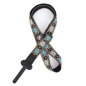 CLOUDMUSIC Ukulele Strap Clip On No Drill J Hook For Soprano Concert Tenor Baritone With Hawaiian Colorful Floral Pattern(Blue White Flower)