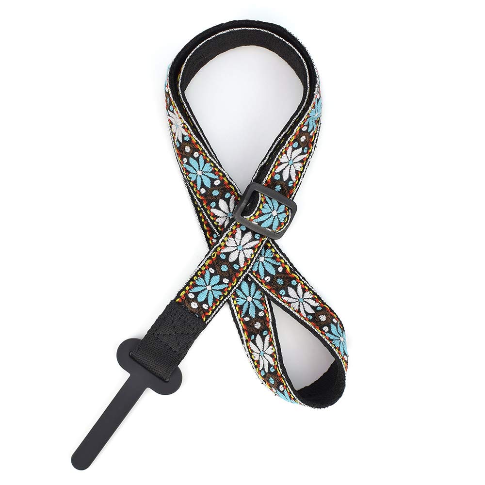 CLOUDMUSIC Ukulele Strap Clip On No Drill J Hook For Soprano Concert Tenor Baritone With Hawaiian Colorful Floral Pattern(Blue White Flower)