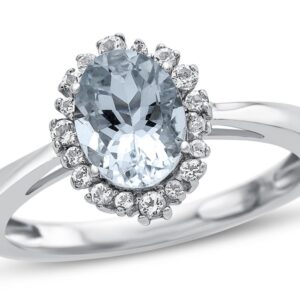 FJC Finejewelers 10k White Gold 8x6mm Oval Aquamarine with White Topaz accent stones Halo Ring Size 6