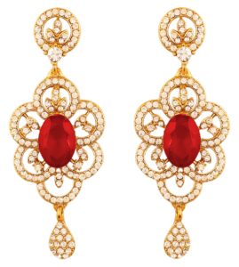 touchstone indian bollywood royal handcrafted style statement faux ruby red and white rhinestones pretty stunning designer jewelry long chandelier earrings in antique gold tone for women.