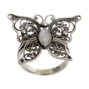 novica artisan handmade rainbow moonstone cocktail ring butterfly from indonesia sterling silver clear animal themed [ring front 0.9 in l x 1.1 in w x 0.2 in h band width 3 mm w] ' open wings'