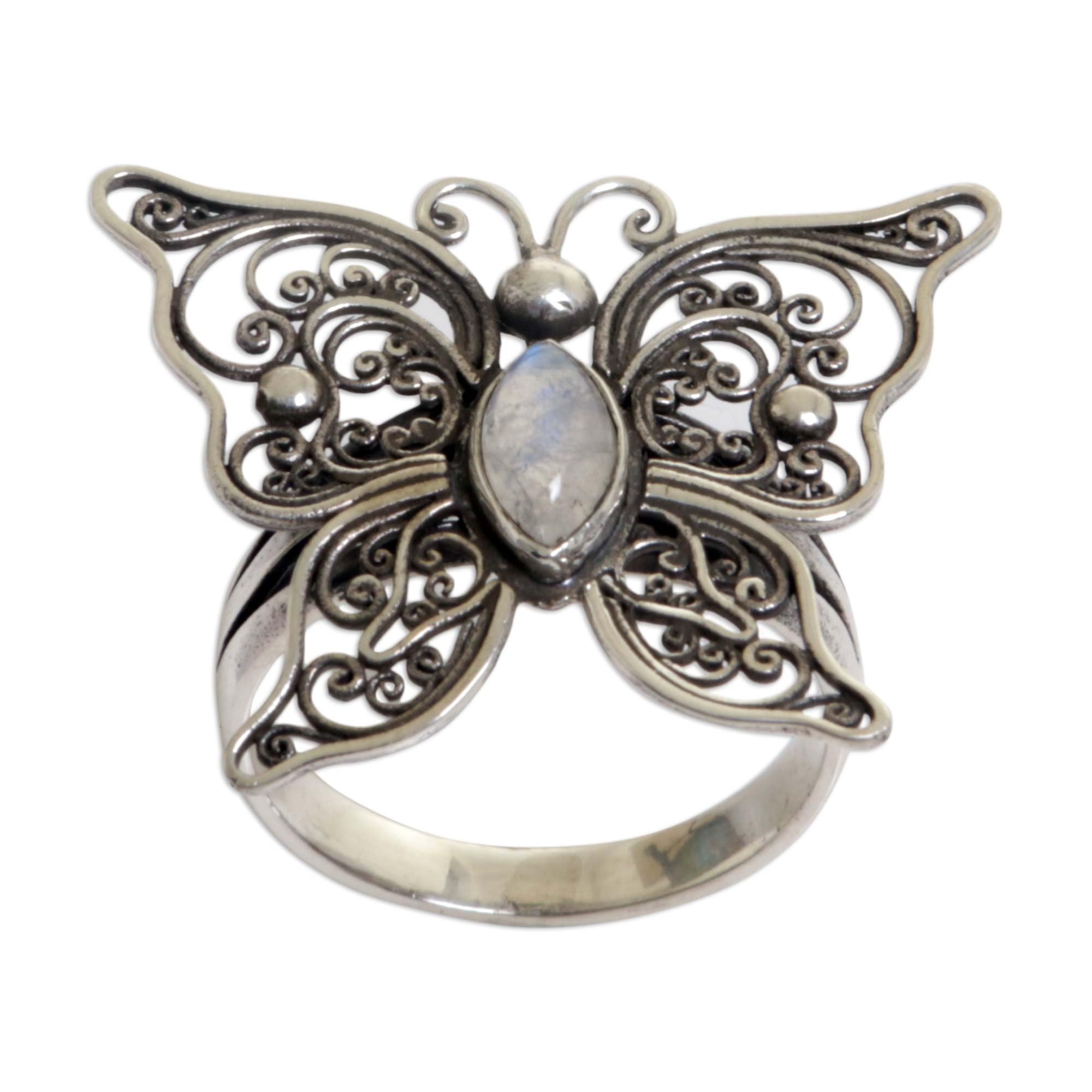 NOVICA Artisan Handmade Rainbow Moonstone Cocktail Ring Butterfly from Indonesia Sterling Silver Clear Animal Themed [ring Front 0.9 in L x 1.1 in W x 0.2 in H Band Width 3 mm W] ' Open Wings'