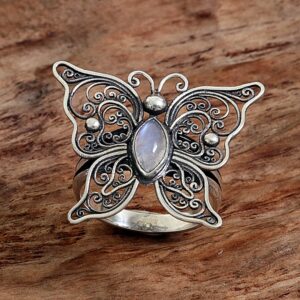 NOVICA Artisan Handmade Rainbow Moonstone Cocktail Ring Butterfly from Indonesia Sterling Silver Clear Animal Themed [ring Front 0.9 in L x 1.1 in W x 0.2 in H Band Width 3 mm W] ' Open Wings'