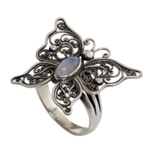 NOVICA Artisan Handmade Rainbow Moonstone Cocktail Ring Butterfly from Indonesia Sterling Silver Clear Animal Themed [ring Front 0.9 in L x 1.1 in W x 0.2 in H Band Width 3 mm W] ' Open Wings'