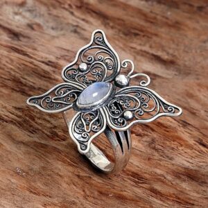 NOVICA Artisan Handmade Rainbow Moonstone Cocktail Ring Butterfly from Indonesia Sterling Silver Clear Animal Themed [ring Front 0.9 in L x 1.1 in W x 0.2 in H Band Width 3 mm W] ' Open Wings'