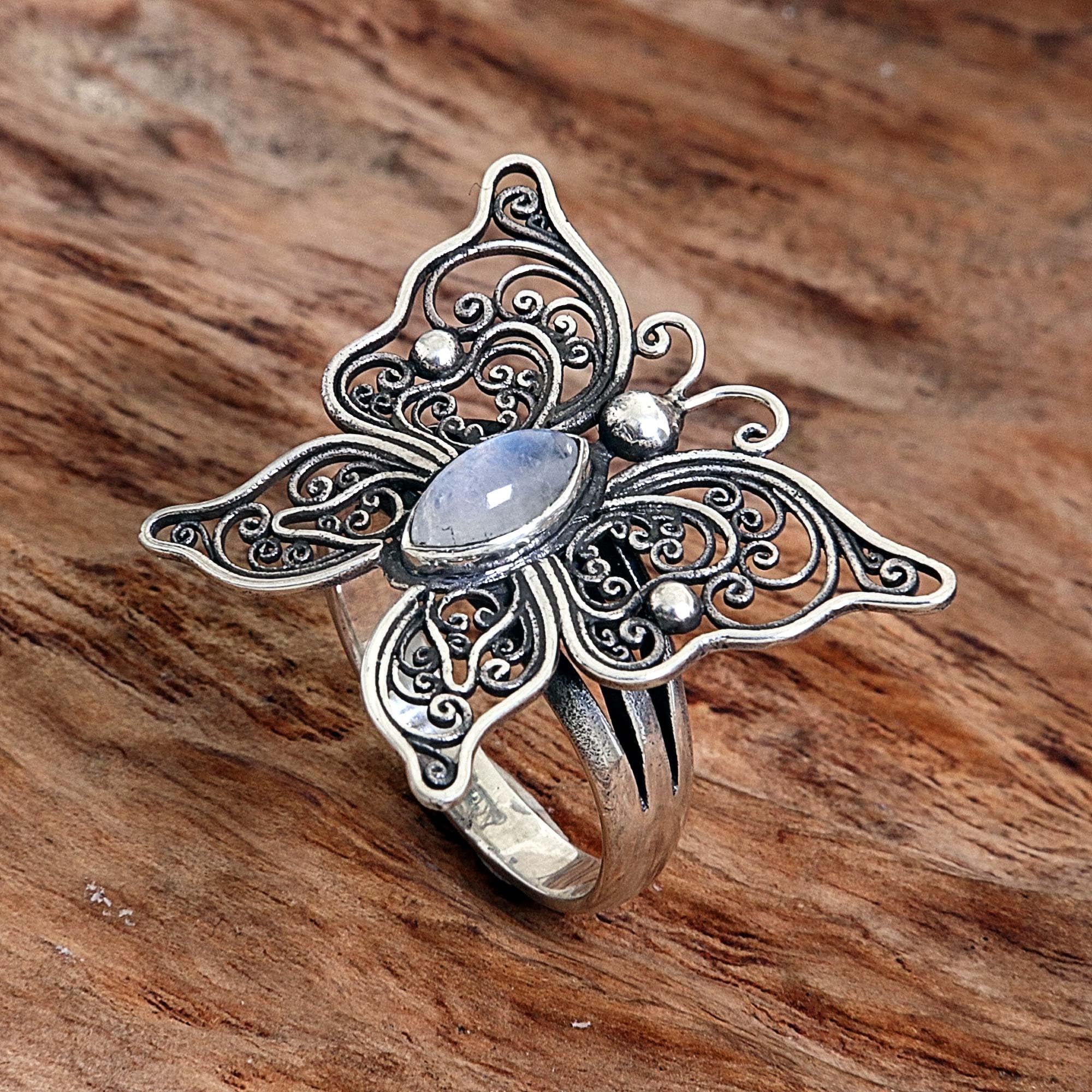 NOVICA Artisan Handmade Rainbow Moonstone Cocktail Ring Butterfly from Indonesia Sterling Silver Clear Animal Themed [ring Front 0.9 in L x 1.1 in W x 0.2 in H Band Width 3 mm W] ' Open Wings'