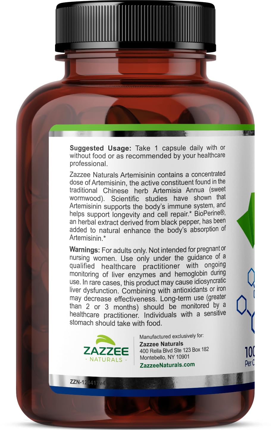 Zazzee High Absorption Artemisinin, 100 mg per Capsule, 120 Vegan Capsules, with 5 mg BioPerine for Maximum Absorption, Sweet Wormwood Extract, 4 Month Supply, All-Natural and Non-GMO