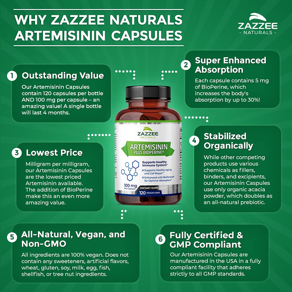 Zazzee High Absorption Artemisinin, 100 mg per Capsule, 120 Vegan Capsules, with 5 mg BioPerine for Maximum Absorption, Sweet Wormwood Extract, 4 Month Supply, All-Natural and Non-GMO