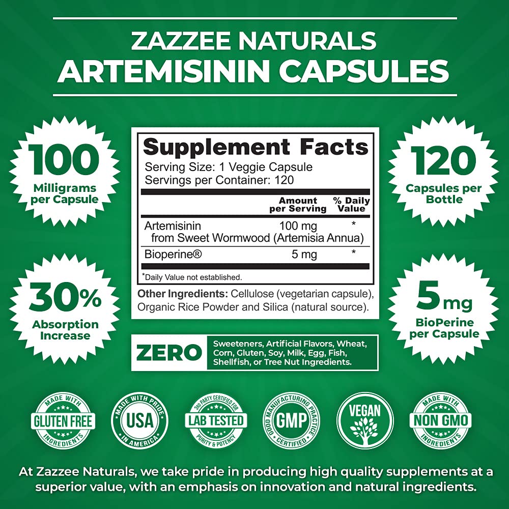 Zazzee High Absorption Artemisinin, 100 mg per Capsule, 120 Vegan Capsules, with 5 mg BioPerine for Maximum Absorption, Sweet Wormwood Extract, 4 Month Supply, All-Natural and Non-GMO