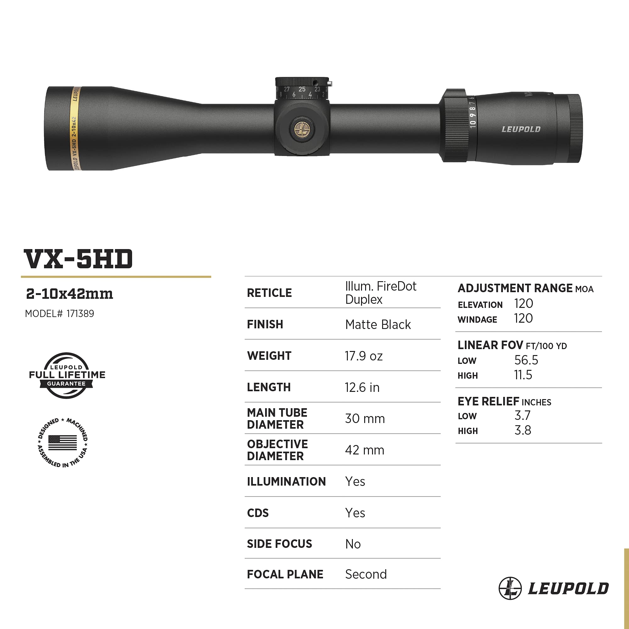 Leupold VX-5HD 2-10x42 (30mm) CDS-ZL2 Illum. FireDot Duplex Reticle Riflescope