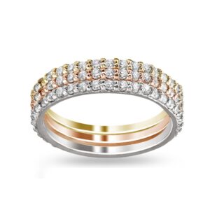 hoops & loops sterling silver tri-color stackable cubic zirconia eternity band ring set, size 5