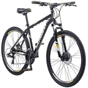 schwinn gtx elite comfort adult hybrid bike for men and women, dual sport bicycle, 700c wheels, 18-inch step-over aluminum frame, 24-speed trigger shifters, mechanical disc brakes, black/yellow