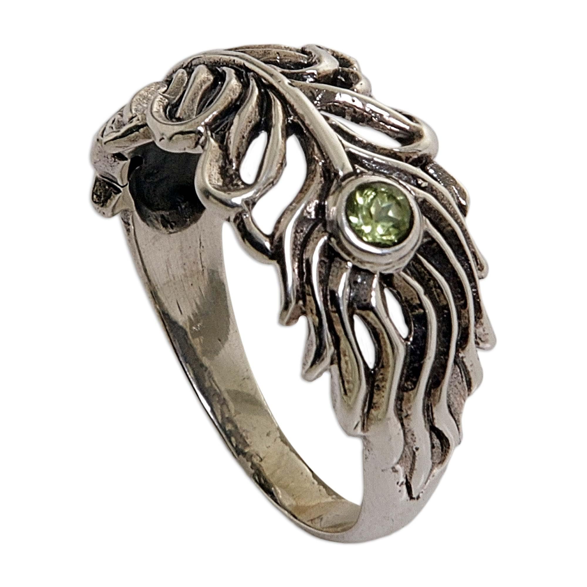 NOVICA Artisan Handmade Peridot Band Ring .925 Sterling Silver from Indonesia Green Birthstone Peacock 'Feather Light'