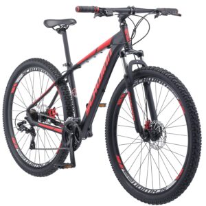 schwinn bonafide men and women mountain bike, front suspension, 24-speed, 29-inch wheels, 17-inch aluminum frame, matte black/red