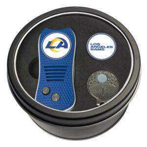 team golf nfl los angeles rams tin ball marker gift set with retractable divot tool, cap clip and 2 double-sided enamel ball markers, patented design, less damage to greens