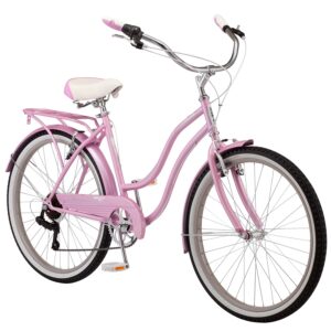 schwinn perla adult beach cruiser bike, men and women, 18-inch step-through steel frame, 7-speed drivetrain, rear rack, 26-inch wheels, pink