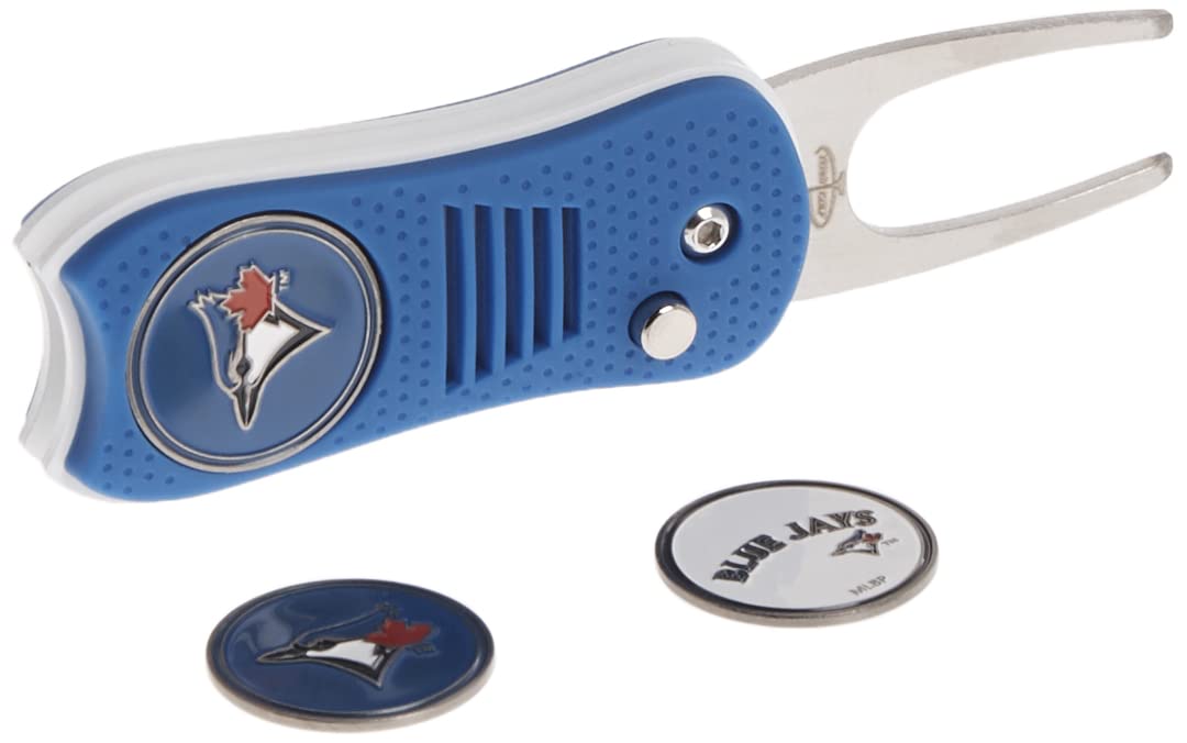 Team Golf MLB Toronto Blue Jays Tin Gift Set with Retractable Divot Tool and 2 Ball Markers Gift Set with 3 Magnetic Ball Markers, Patented Single Prong Design, Causes Less Damage to Greens