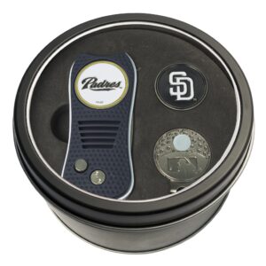 team golf mlb san diego padres tin ball marker gift set with retractable divot tool, cap clip and 2 double-sided enamel ball markers, patented design, less damage to greens