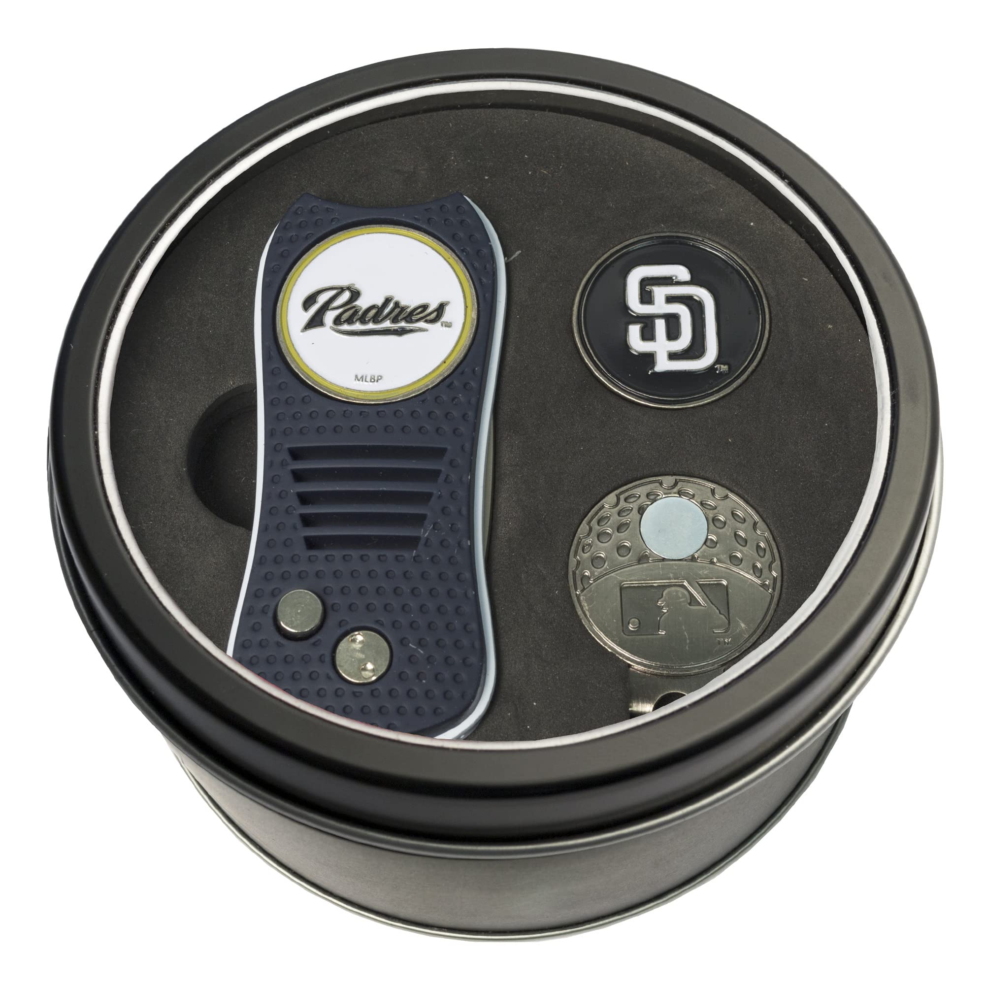 Team Golf MLB San Diego Padres Tin Ball Marker Gift Set with Retractable Divot Tool, Cap Clip and 2 Double-Sided Enamel Ball Markers, Patented Design, Less Damage to Greens