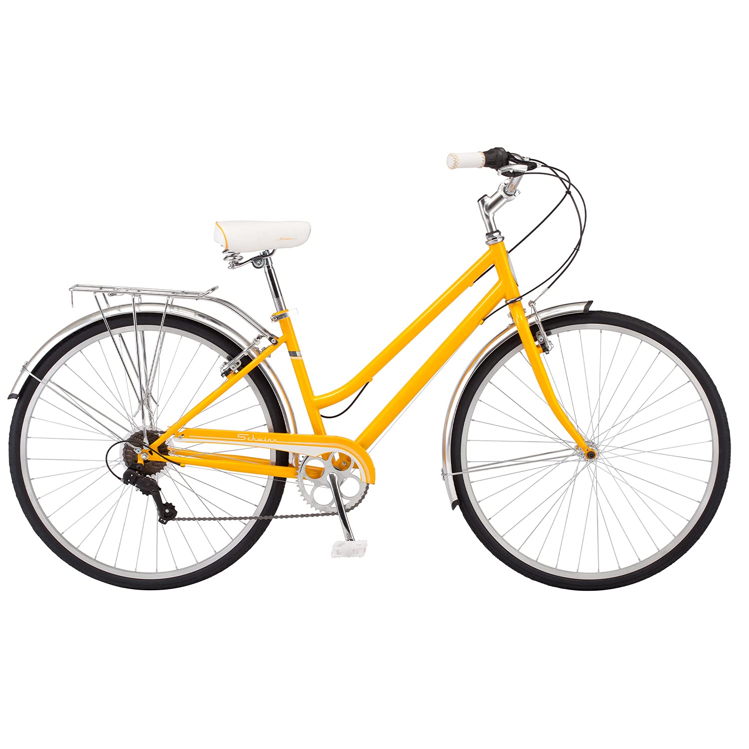 Schwinn Wayfarer Adult Hybrid Bike, Mens and Womens, 16-Inch/Small Steel Step-Through Frame, 7-Speed Drivetrain, Rear Rack, 28-Inch Wheels, Yellow