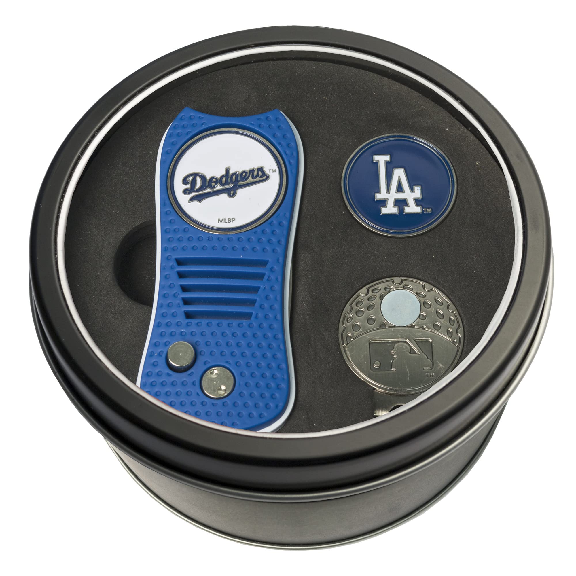 Team Golf MLB Los Angeles Dodgers Tin Ball Marker Gift Set with Retractable Divot Tool, Cap Clip and 2 Double-Sided Enamel Ball Markers, Patented Design, Less Damage to Greens