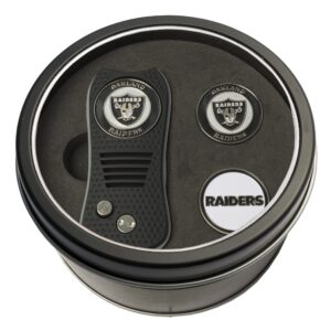 team golf nfl las vegas raiders 2 ball markers tin gift set with retractable divot tool and 3 double-sided magnetic ball markers, patented single prong design, causes less damage to greens