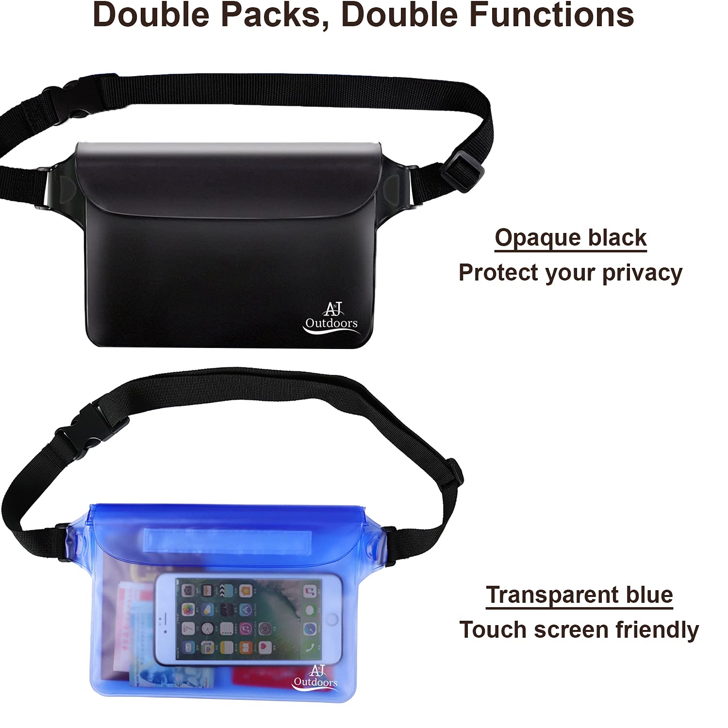 ANJ Outdoors 2PK Most Durable Waterproof Pouch/Waterproof Fanny Packs for Women and Men | 3-Zipper Beach Bags Waterproof Sandproof | Waterproof Wallet/Phone Case With Waist Strap for Swimming