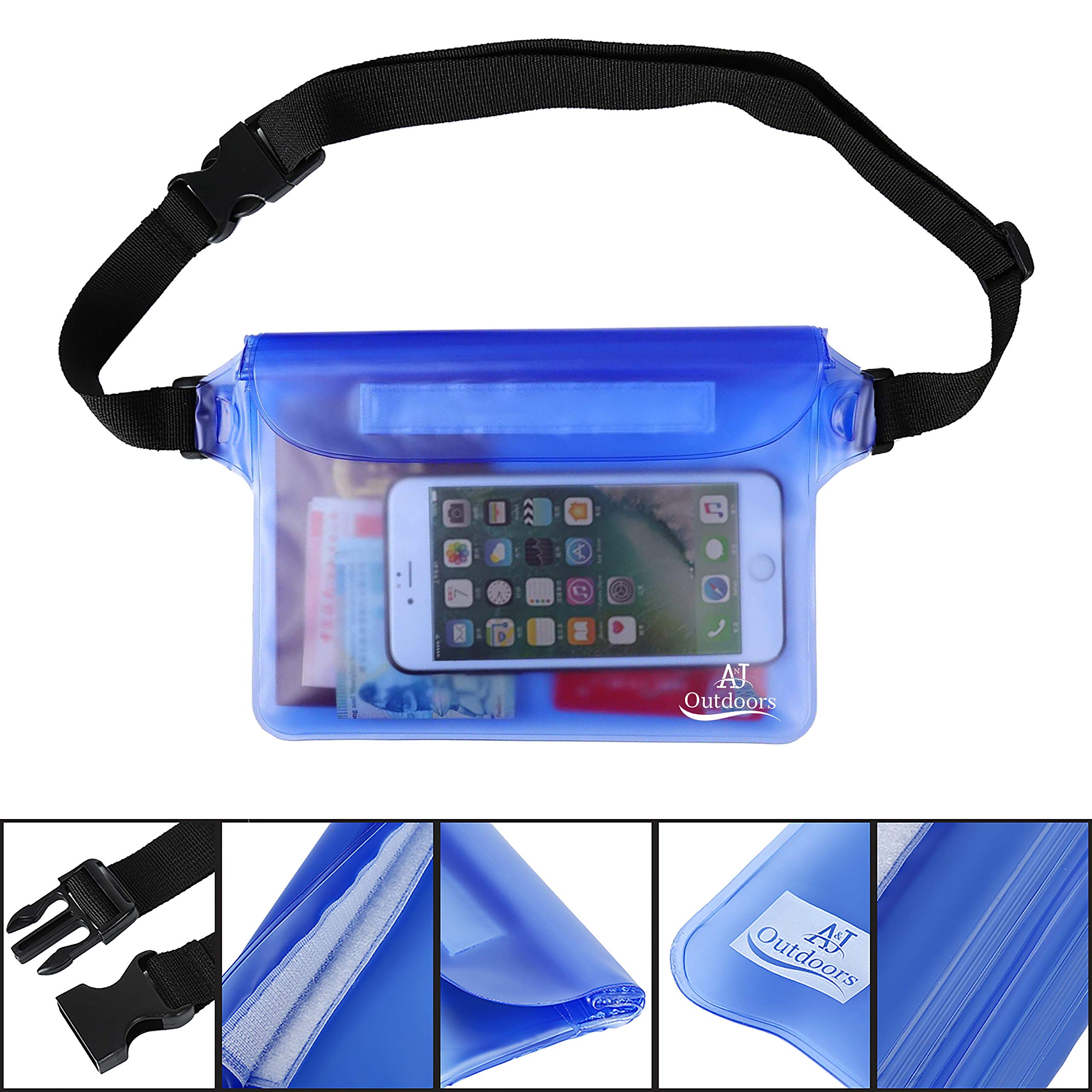 ANJ Outdoors 2PK Most Durable Waterproof Pouch/Waterproof Fanny Packs for Women and Men | 3-Zipper Beach Bags Waterproof Sandproof | Waterproof Wallet/Phone Case With Waist Strap for Swimming