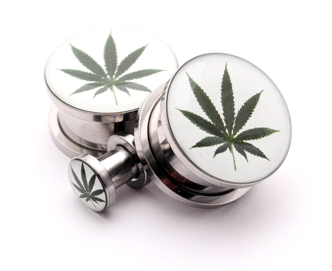 Mystic Metals Body Jewelry Screw on Plugs - Pot Leaf Picture Plugs - Sold As a Pair (8g (3mm))