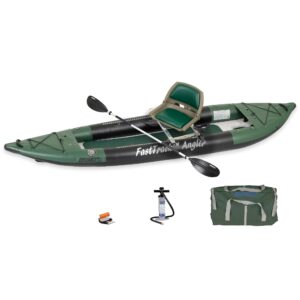 385fta fasttrack angler 1–2-person inflatable green fishing kayak-rigid keel, rugged, drop stitch floor w/seat(s), paddle(s), pump & bag (385fta fasttrack angerl swivel seat fishing rig kayak)