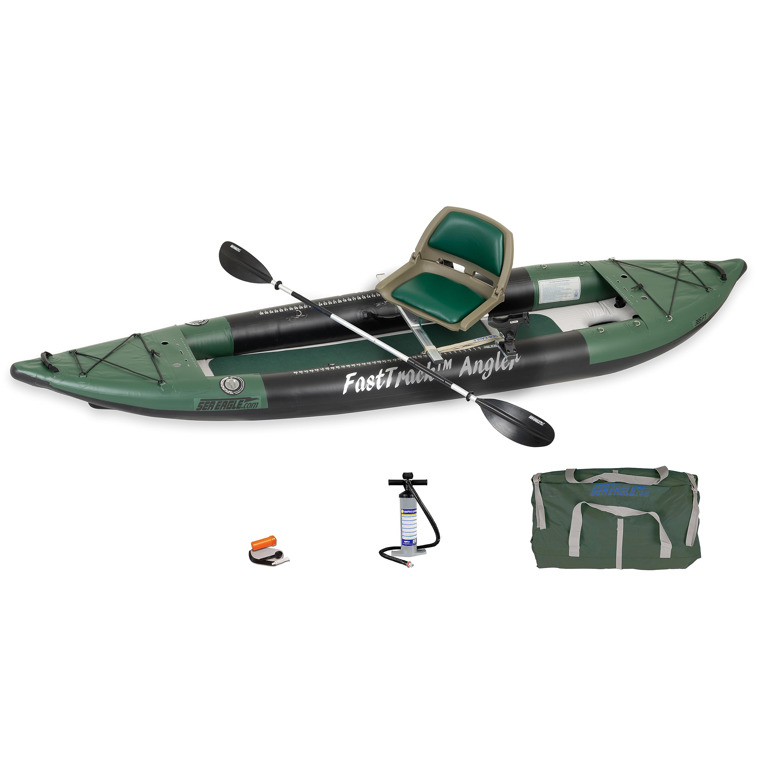 385FTA FastTrack Angler 1–2-person Inflatable Green Fishing Kayak-Rigid Keel, Rugged, Drop Stitch Floor w/Seat(s), Paddle(s), Pump & Bag (385FTA FastTrack Angerl Swivel Seat Fishing Rig Kayak)