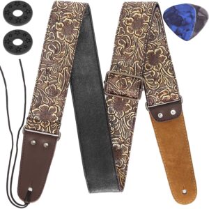 anwenk guitar strap, stamped leather guitar strap pu leather western vintage 60's retro guitar strap with genuine leather ends for electric bass guitar, with tie,include 2 picks,bronze