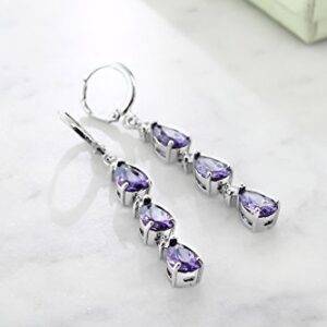 Gem Stone King Stunning 2 Inch Purple Pear Shape CZ Zirconia Rhodium Plated Dangle Earrings For Women