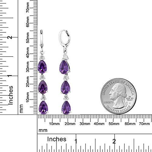 Gem Stone King Stunning 2 Inch Purple Pear Shape CZ Zirconia Rhodium Plated Dangle Earrings For Women