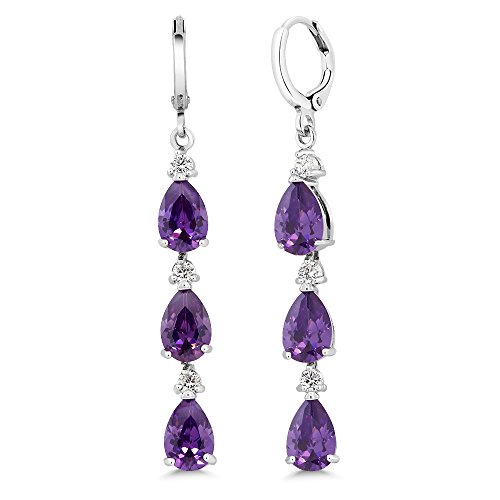 Gem Stone King Stunning 2 Inch Purple Pear Shape CZ Zirconia Rhodium Plated Dangle Earrings For Women