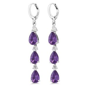 Gem Stone King Stunning 2 Inch Purple Pear Shape CZ Zirconia Rhodium Plated Dangle Earrings For Women