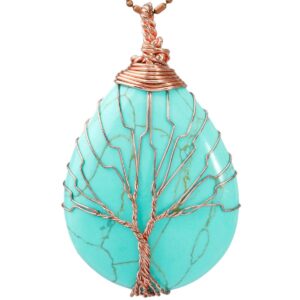 sunyik green howlite turquoise teardrop pendant necklace,handmade copper wire wrapped jewelry