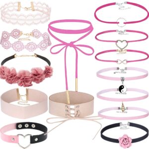 tpocean 14 pcs mothers day necklace adjustable lace velvet choker pink necklace set with charms pendant flower blet leather choker set for women girls