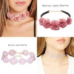 Tpocean 14 PCS Mothers Day Necklace Adjustable Lace Velvet Choker Pink Necklace Set with Charms Pendant Flower Blet Leather Choker Set for Women Girls