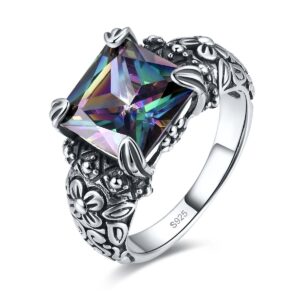 merthus 10x10mm princess cut simulated mystic rainbow topaz antique design black oxidized finish 925 sterling silver floral band gemstone ring for women size 7