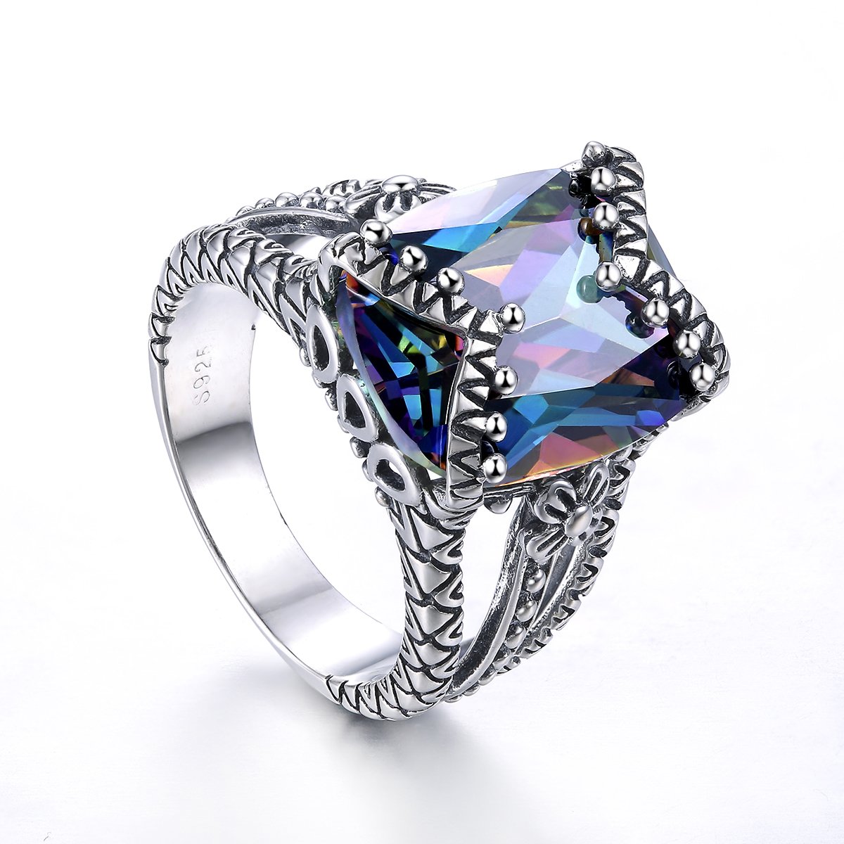 Merthus 12x16mm Cushion Cut Simulated Mystic Rainbow Topaz Black Oxidized Finished 925 Sterling Silver Bohemian Ring for Women Size 6