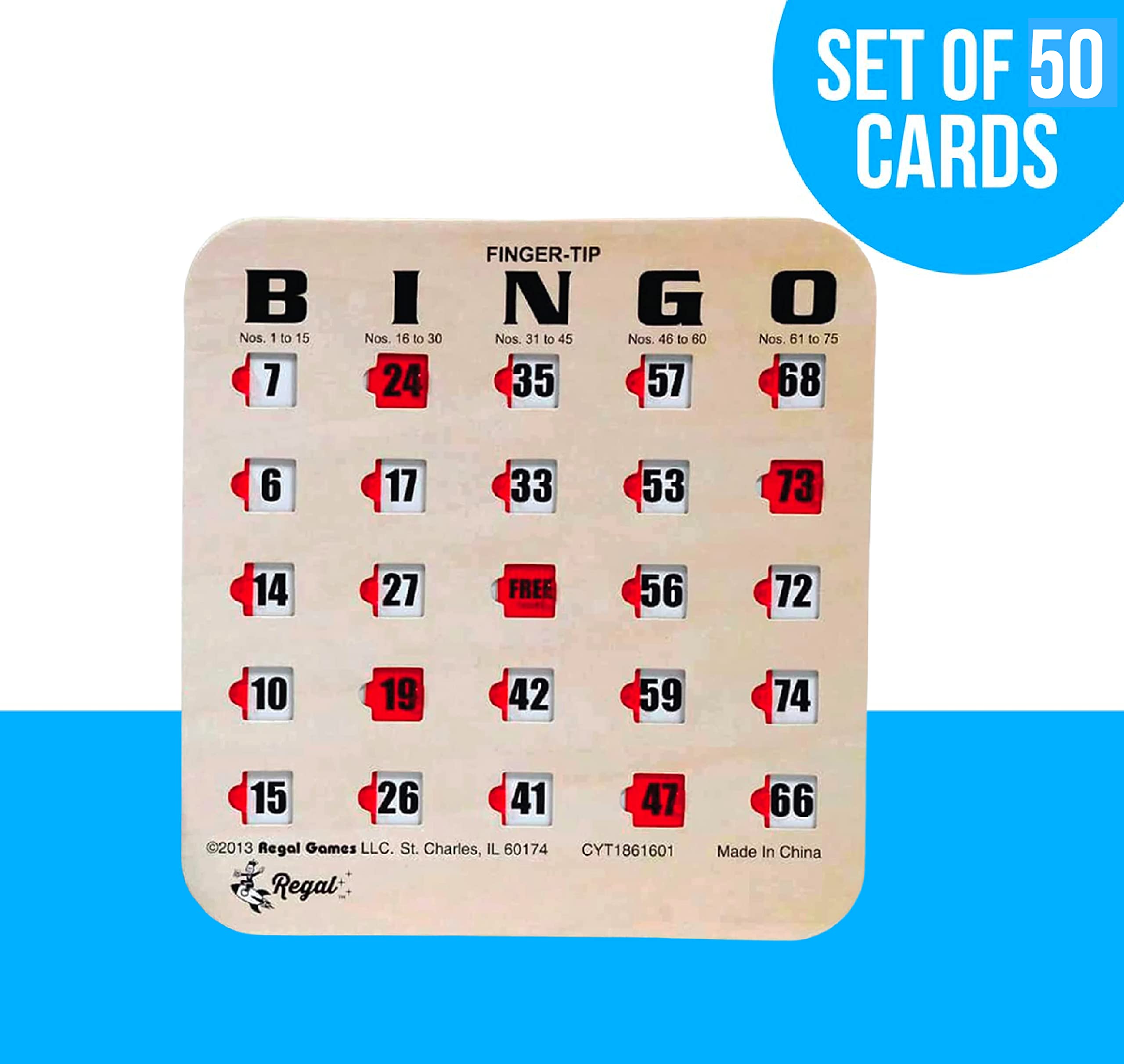 Regal Bingo Finger-Tip Shutter Bingo Cards with Sliding Windows - 50 Bingo Shutter Cards - Ideal for Family Fun Night - No Chips & Daubers Needed - Woodgrain