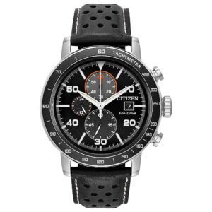 citizen men's eco-drive weekender brycen chronograph watch in stainless steel, black leather strap, black dial (model: ca0649-14e)