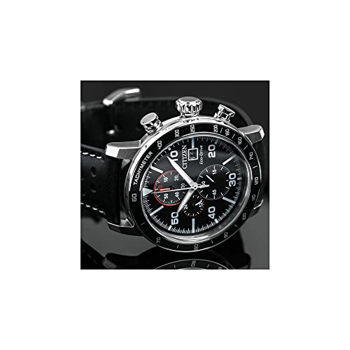 Citizen Men's Eco-Drive Weekender Brycen Chronograph Watch in Stainless Steel, Black Leather strap, Black Dial (Model: CA0649-14E)