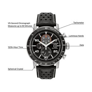 Citizen Men's Eco-Drive Weekender Brycen Chronograph Watch in Stainless Steel, Black Leather strap, Black Dial (Model: CA0649-14E)