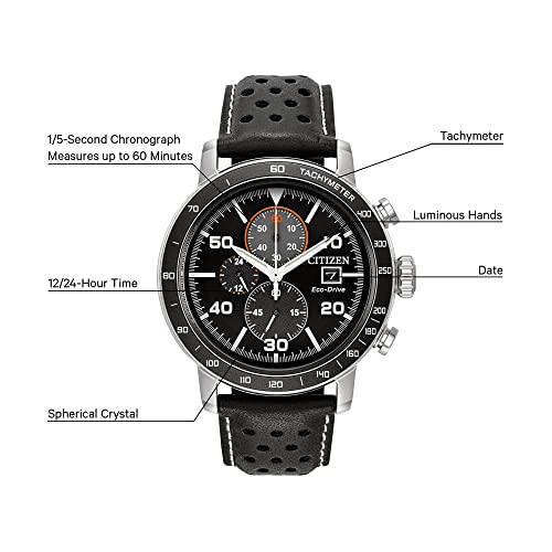 Citizen Men's Eco-Drive Weekender Brycen Chronograph Watch in Stainless Steel, Black Leather strap, Black Dial (Model: CA0649-14E)