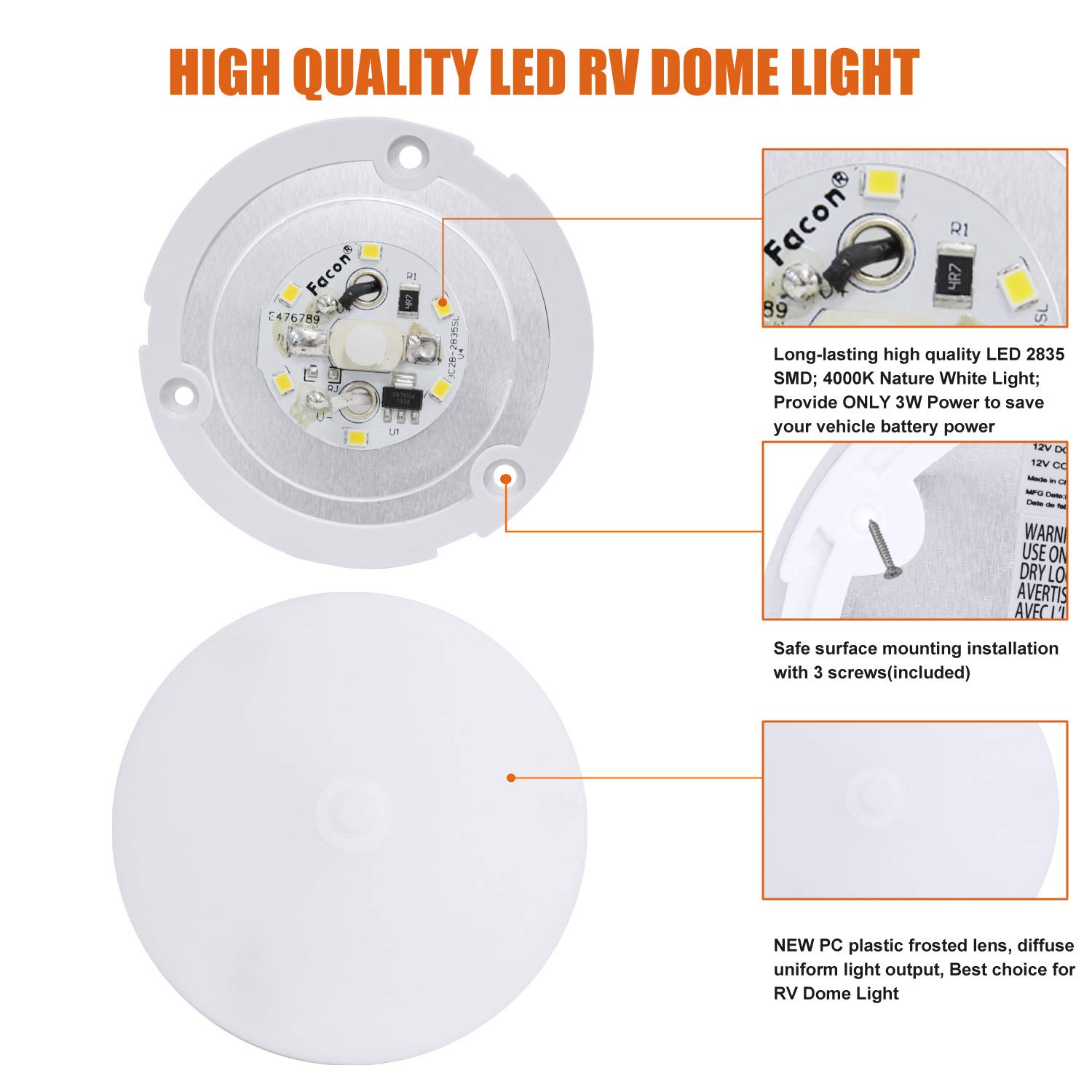 Facon 3-1/2'' LED RV Puck Light with Switch, 2-Packs Slim Surface Mount Ceiling Dome Light, 12V DC Interior Light for RV Camper Trailer Motorhome, 4000K Cool White