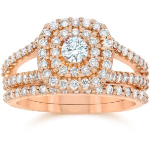 1 1/10ct diamond cushion halo engagement wedding ring set 10k rose gold - size 6.5